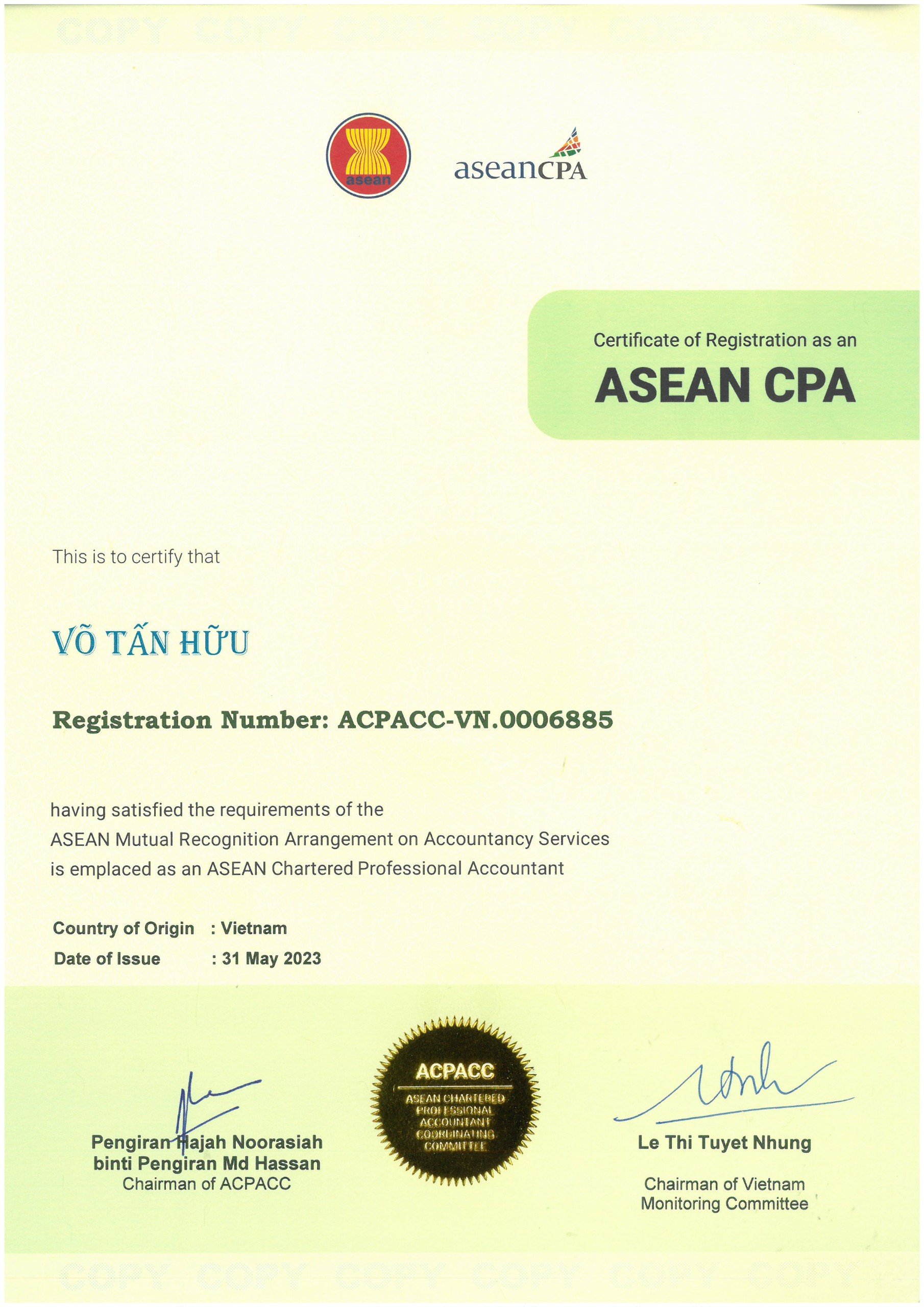 Chứng chỉ ASEAN CPA được ACPACC cấp cho nhân sự chủ chốt của VBK - Vina ...